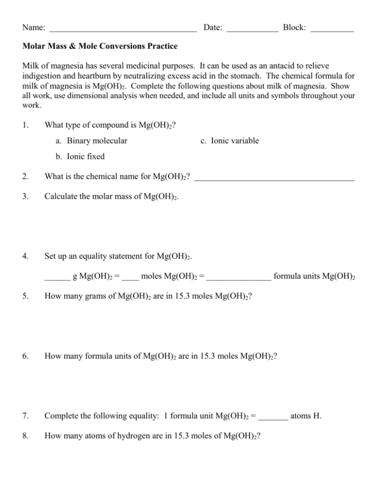 Molar Mass Mole Conversions Practice