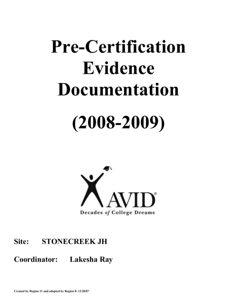 Stonecreek Sample Pre-Certification Evidence Document
