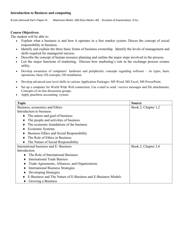 Introduction To Business BU 101 Course Outline Introduction To Business BU 101 Course Outline