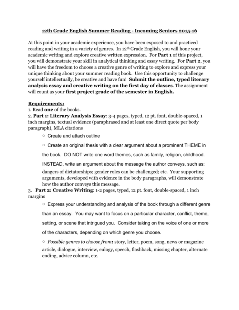 Rising 12th Grade ELA Summer Assignment