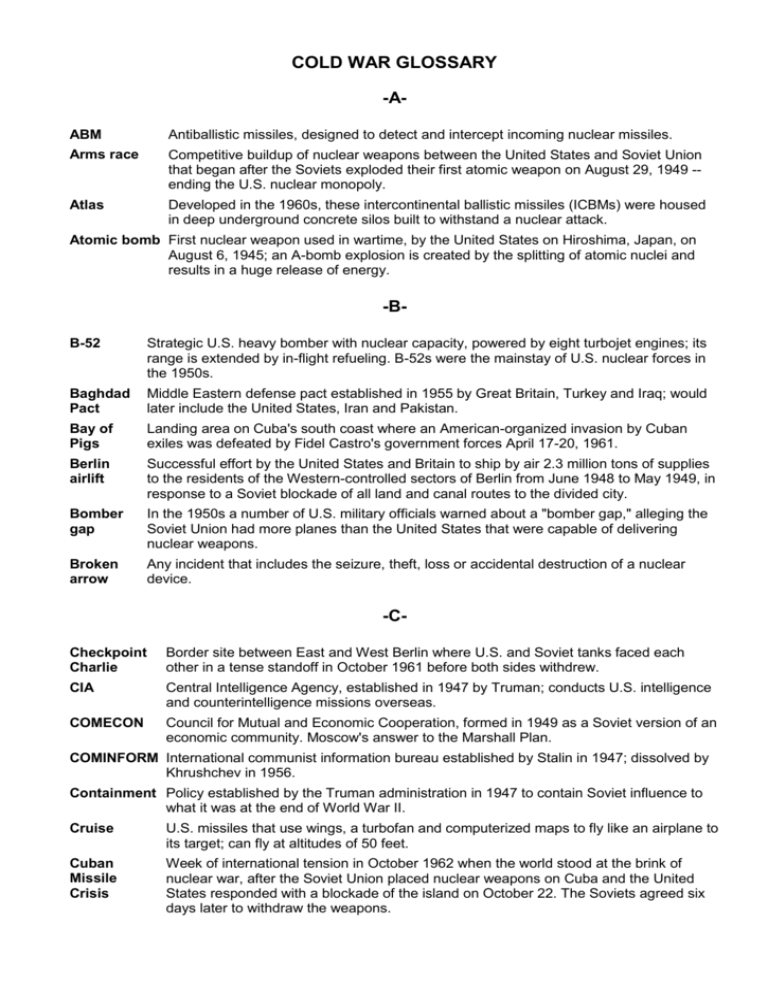 COLD WAR GLOSSARY History At Tallis COLD WAR GLOSSARY History At Tallis