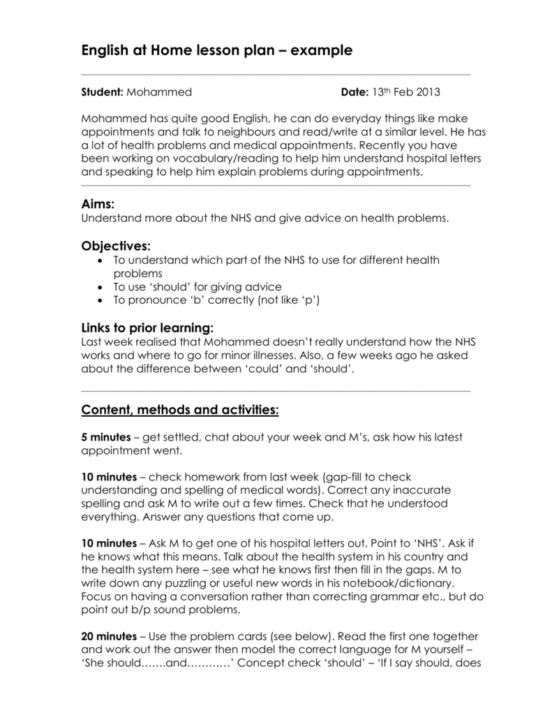 English At Home Example Lesson Plan 2 Mid Level