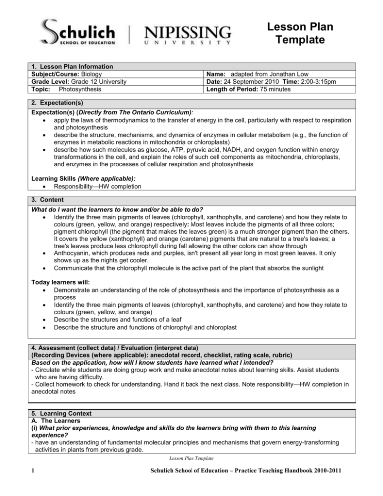Grade 12 University Prep Biology Lesson Plan June 28 2010