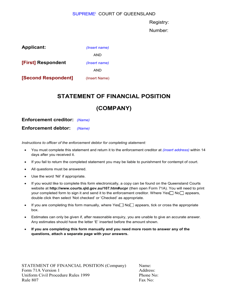 Statement Of Financial Position Company Statement Of Financial Position Company