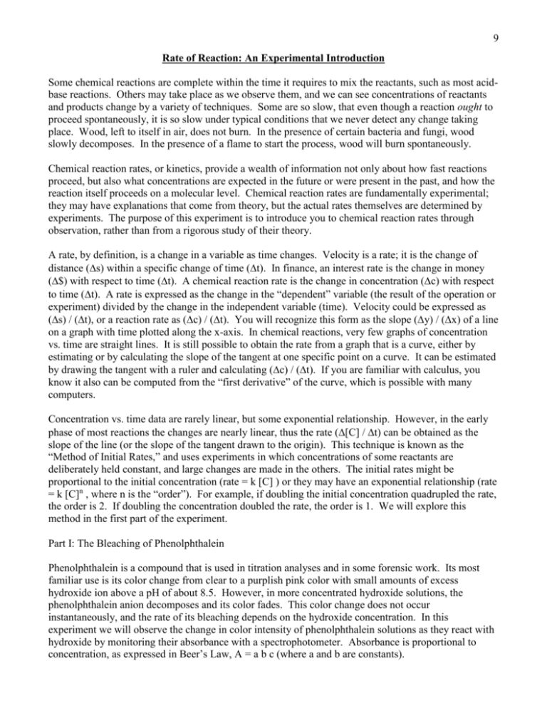 1 Rate Of Reaction An Experimental Introduction Some Chemical