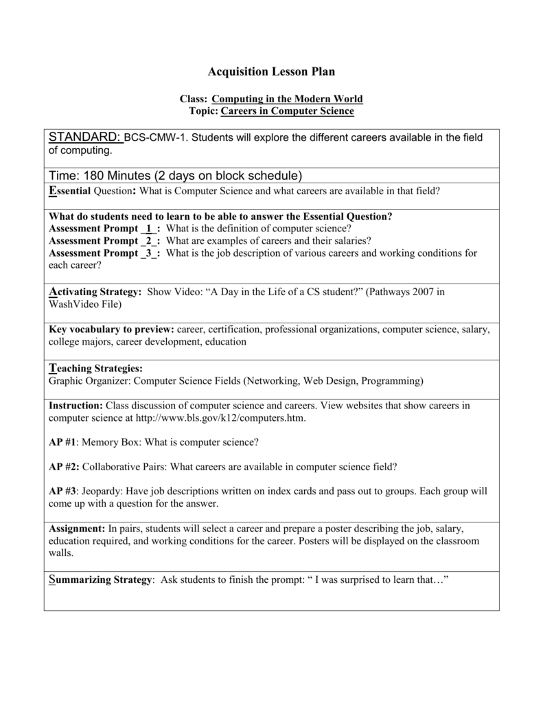 Careers In Computer Science Lesson Plan Careers