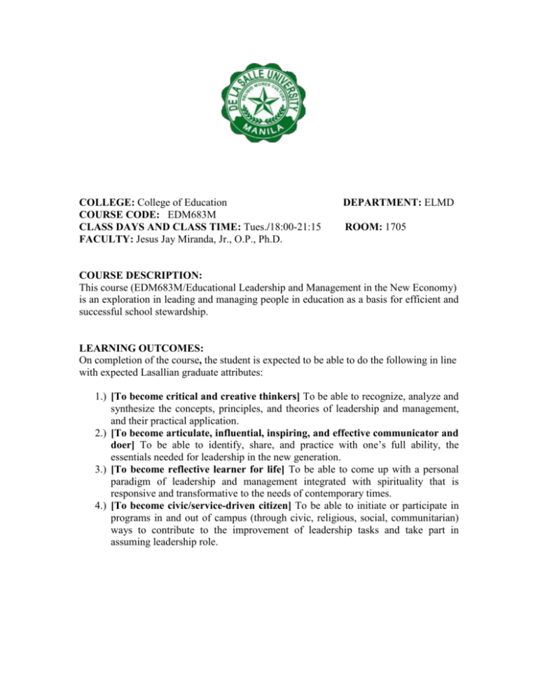 Syllabus Educational Leadership And Management M A DLSU