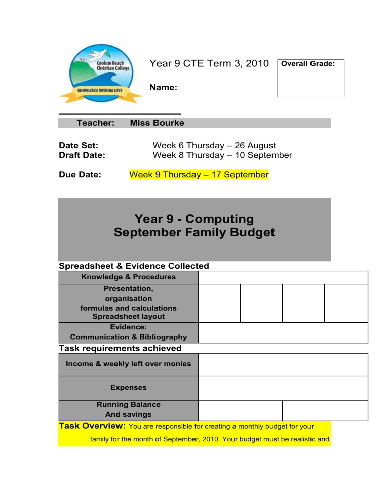 Assignment Family Budget For September