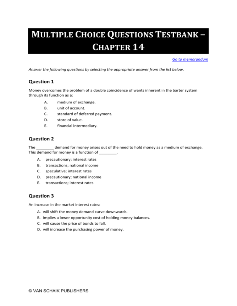 Multiple Choice Questions Testbank Chapter 14 Go To Memor Multiple Choice Questions Testbank Chapter 14 Go To Memor