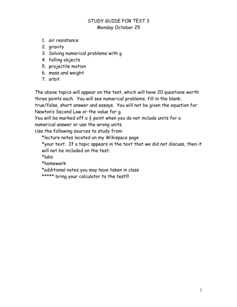 STUDY GUIDE FOR TEST