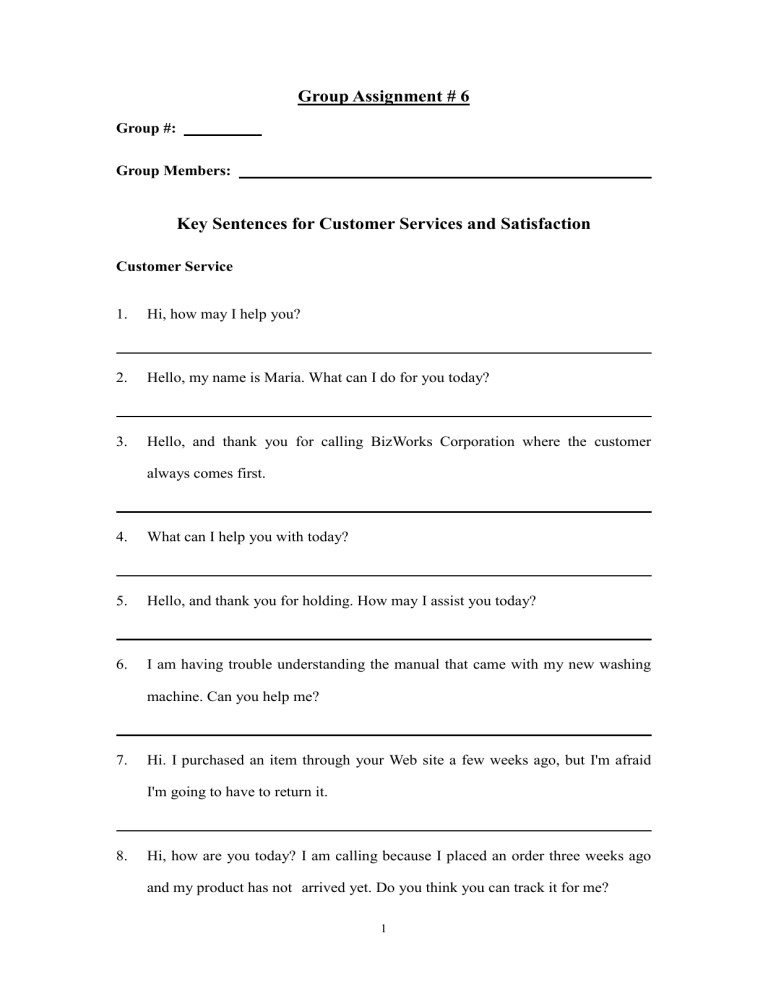 Key Sentences For Customer Services And Satisfaction