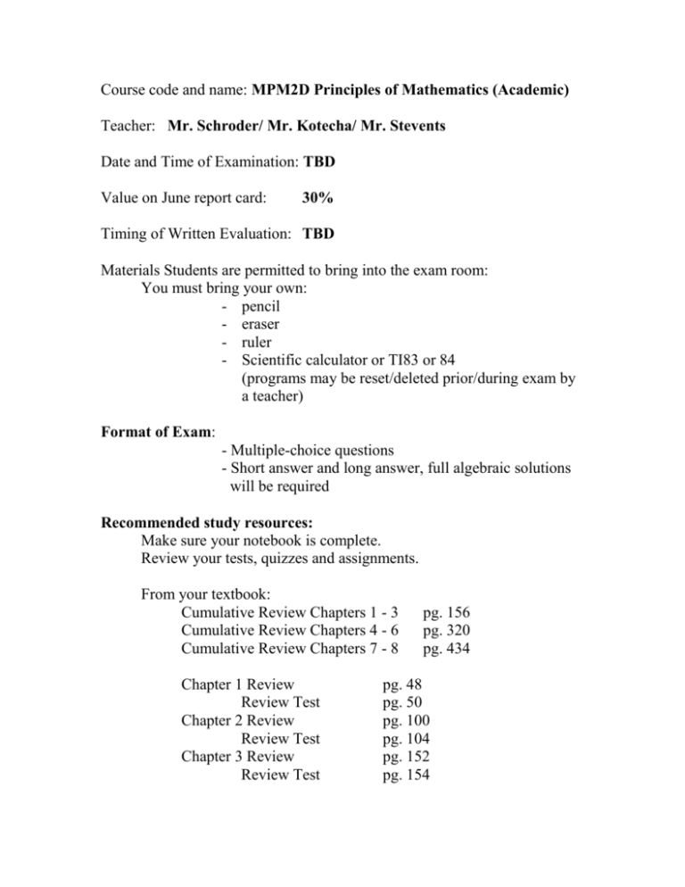 Course Code And Name MPM1D Principles Of Mathematics