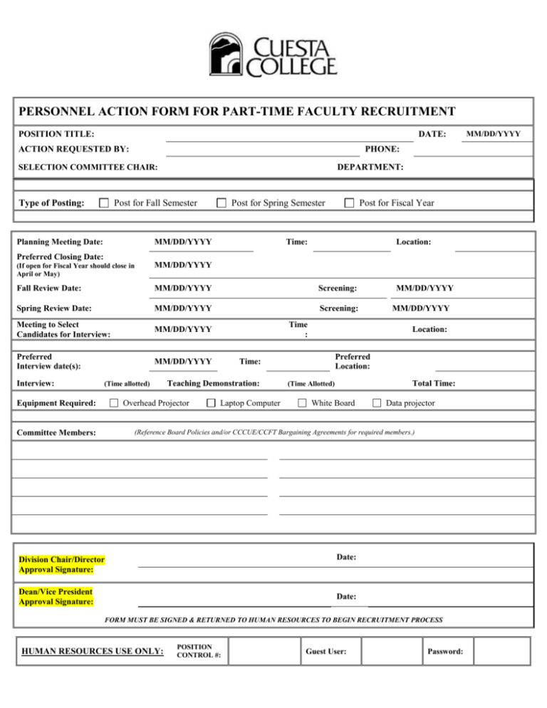 Part Time Pool Request Form Part Time Pool Request Form