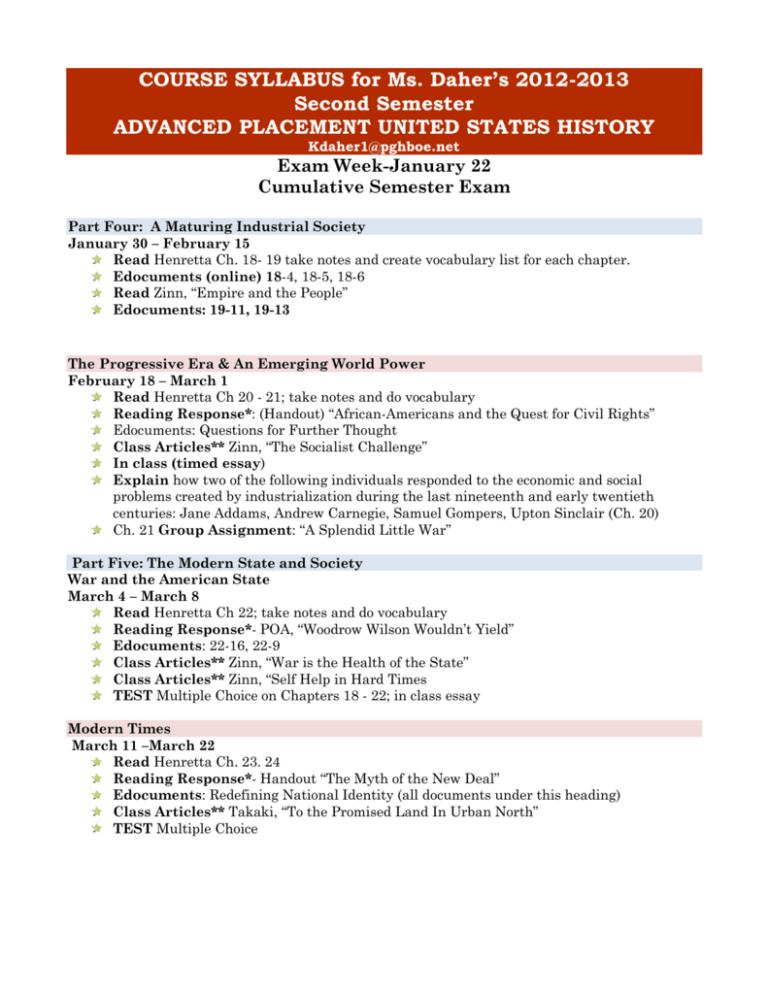 APUSH Second Semester Revised Syllabus