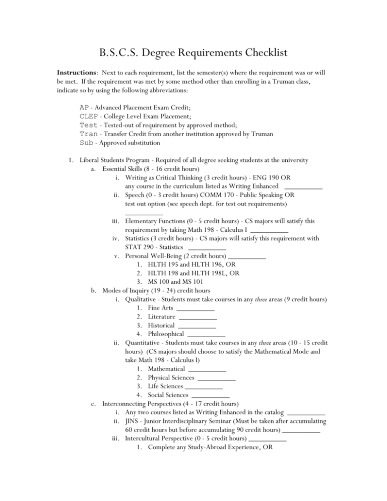 CS Degree Requirements Checklist CS Degree Requirements Checklist