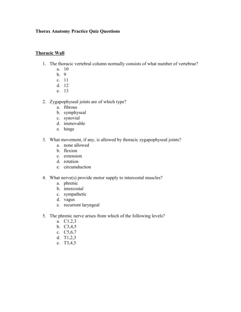 PostBacc Anatomy Quiz Questions THORAX PostBacc Anatomy Quiz Questions THORAX