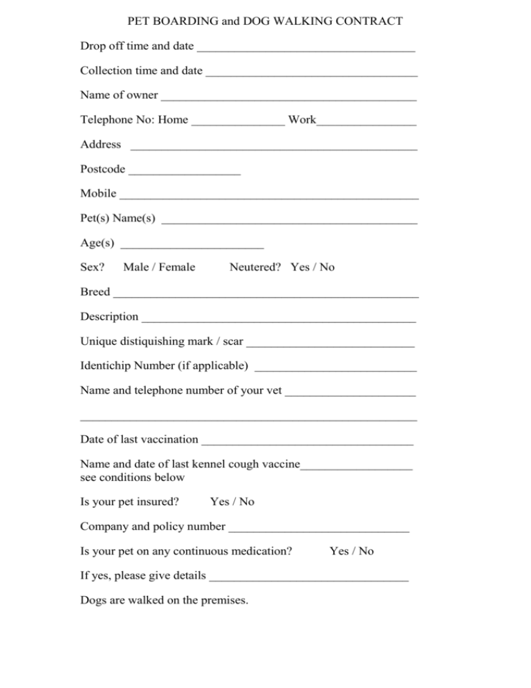 PET BOARDING And DOG WALKING CONTRACT PET BOARDING And DOG WALKING CONTRACT