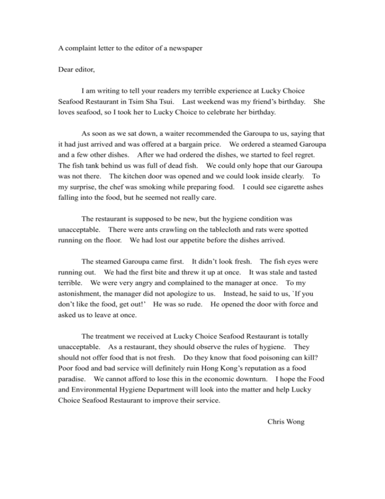 A Complaint Letter To The Editor Of A Newspaper