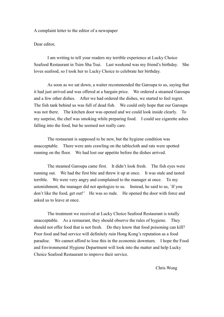 A Complaint Letter To The Editor Of A Newspaper