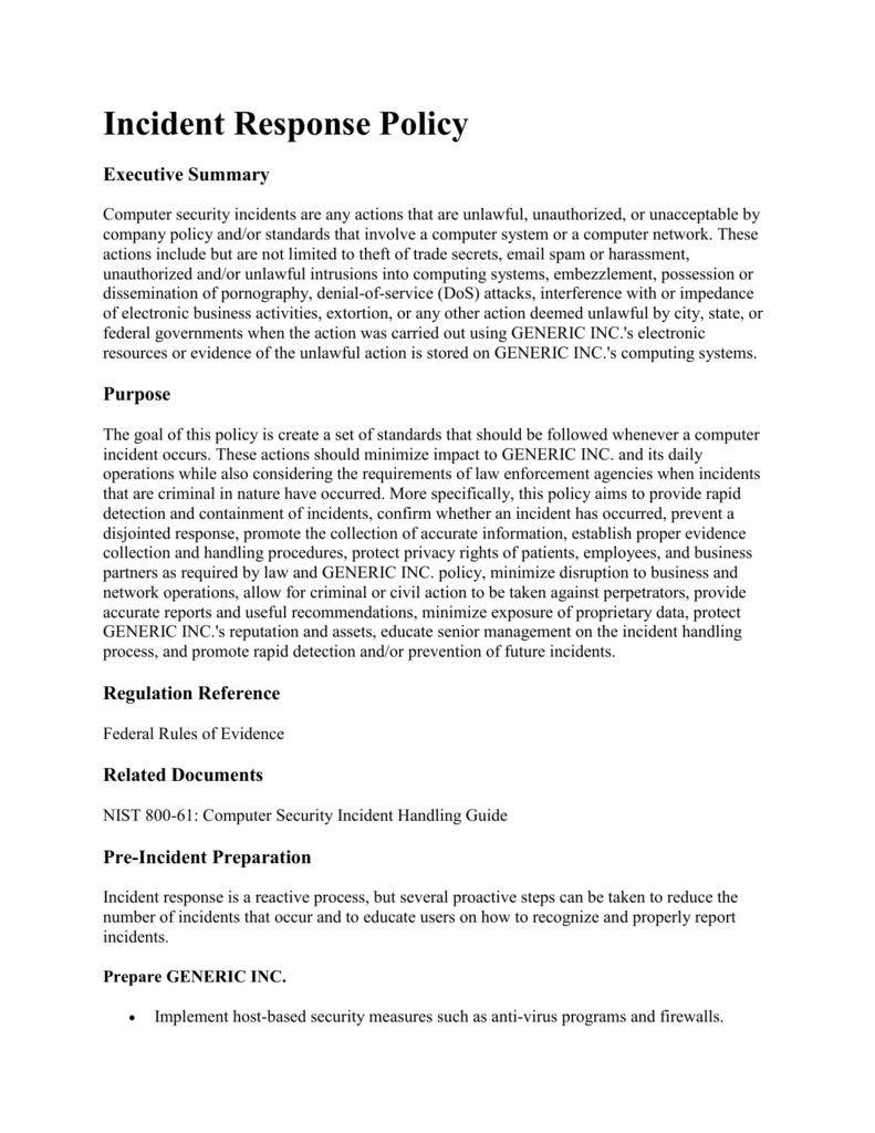 Incident Response Policy Executive Summary Computer Security