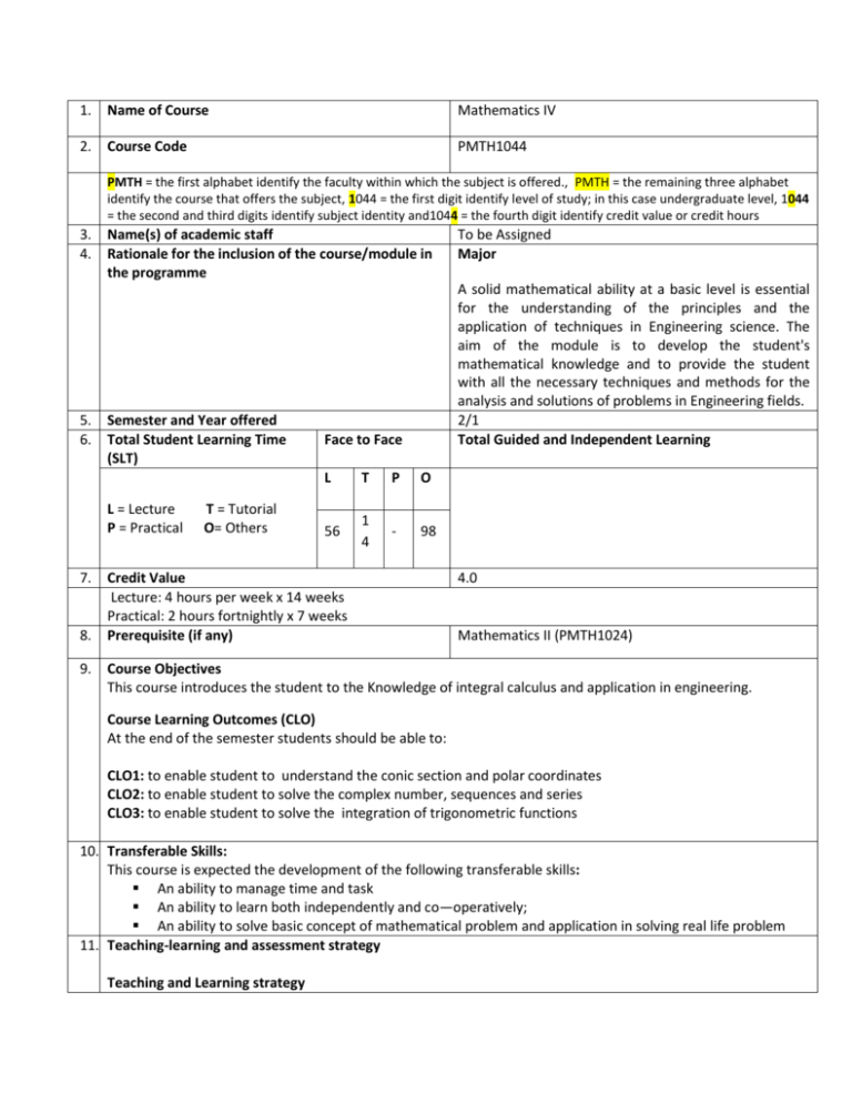 Name Of Course Mathematics IV Course Code PMTH1044 PMTH