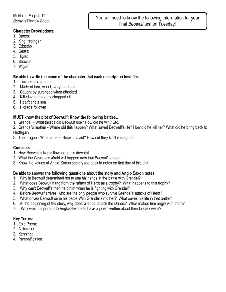 Beowulf Review Sheet 