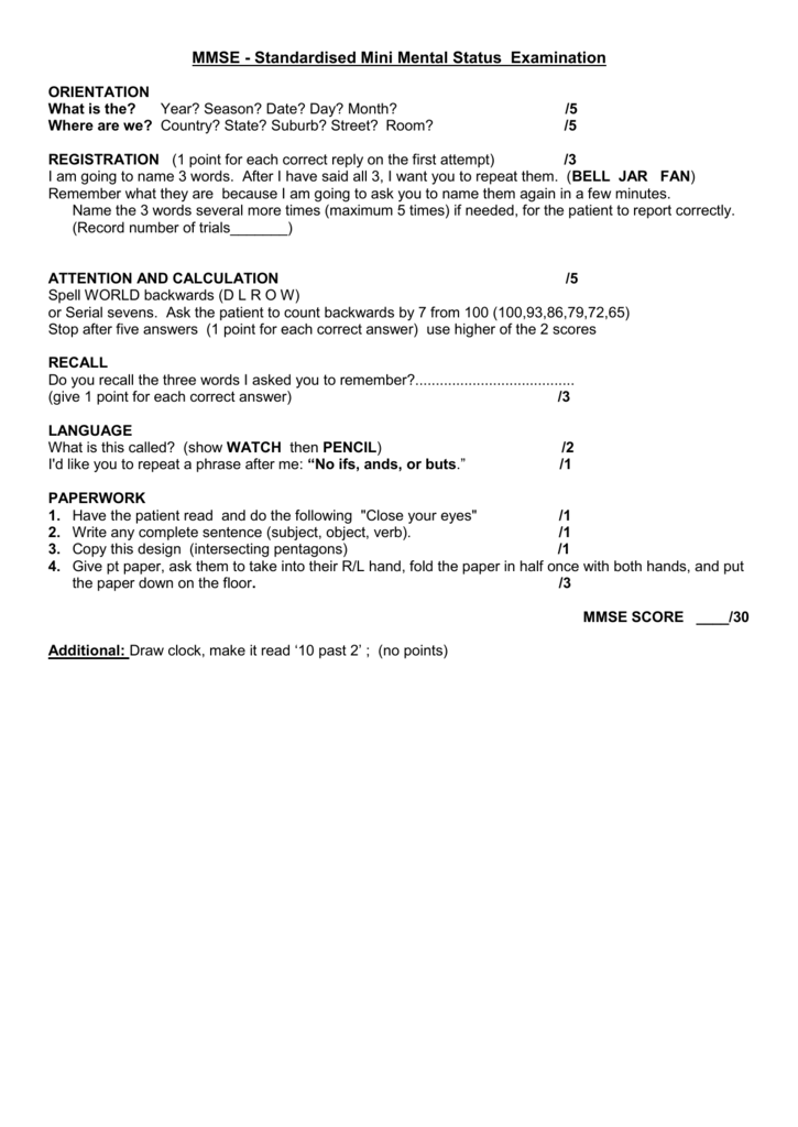 MMSE Standardised Mini Mental Status Examination