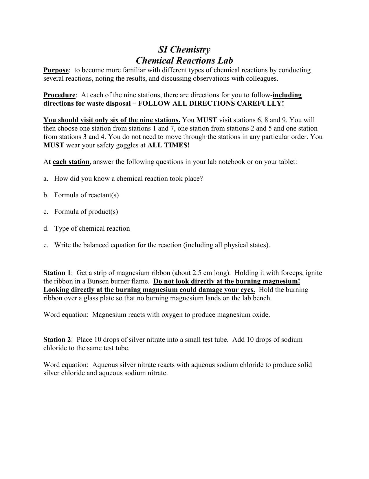 Chemical Reactions Lab