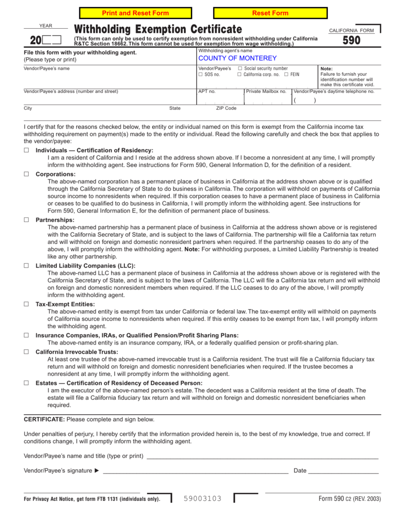 Form 590 Withholding Exemption Certificate Form 590 Withholding Exemption Certificate