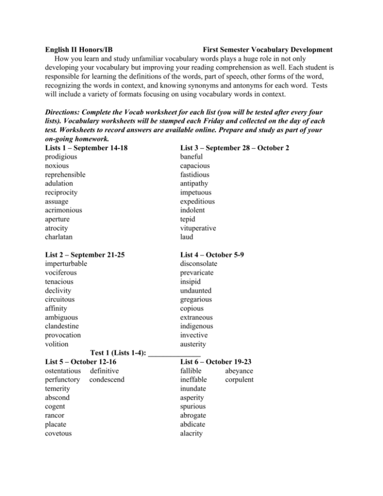 English II Honors IB First Semester Vocabulary Development How