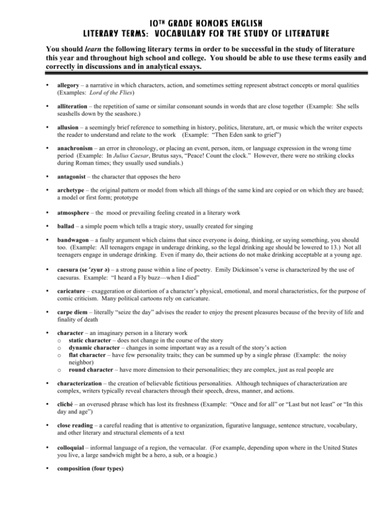 10th Grade Honors English Literary Terms 10th Grade Honors English Literary Terms
