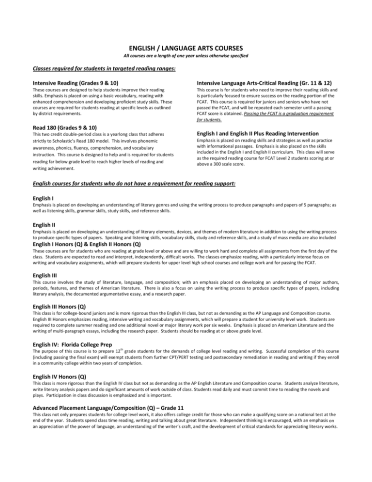 ENGLISH LANGUAGE ARTS COURSES