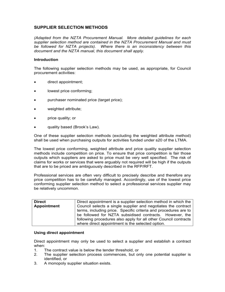 Supplier Selection Methods Supplier Selection Methods