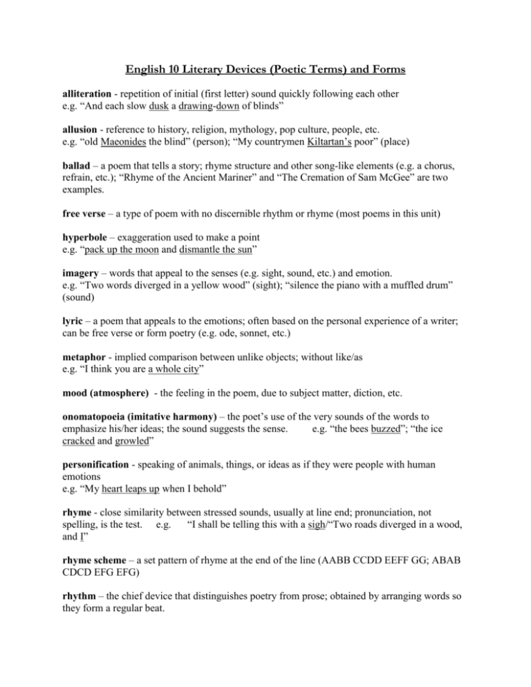 English 10 Literary Devices Poetic Terms And Forms