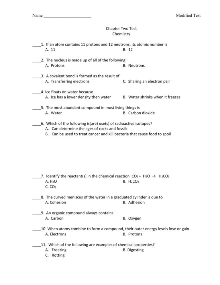 Biology Test Chapter 3 And 4 Chemistry Biology Test Chapter 3 And 4 Chemistry