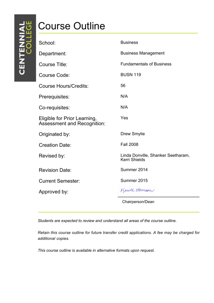 Course Outline Centennial College Course Outline Centennial College