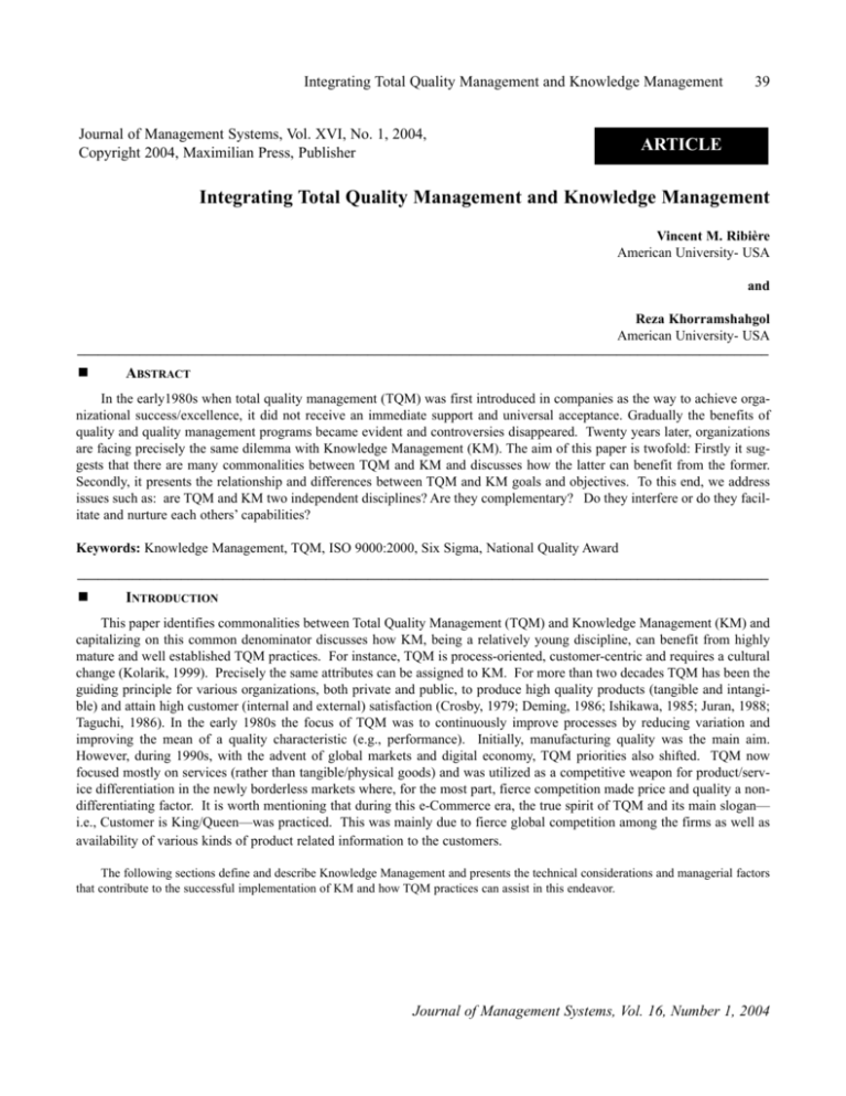 Integrating Total Quality Management And Knowledge Management