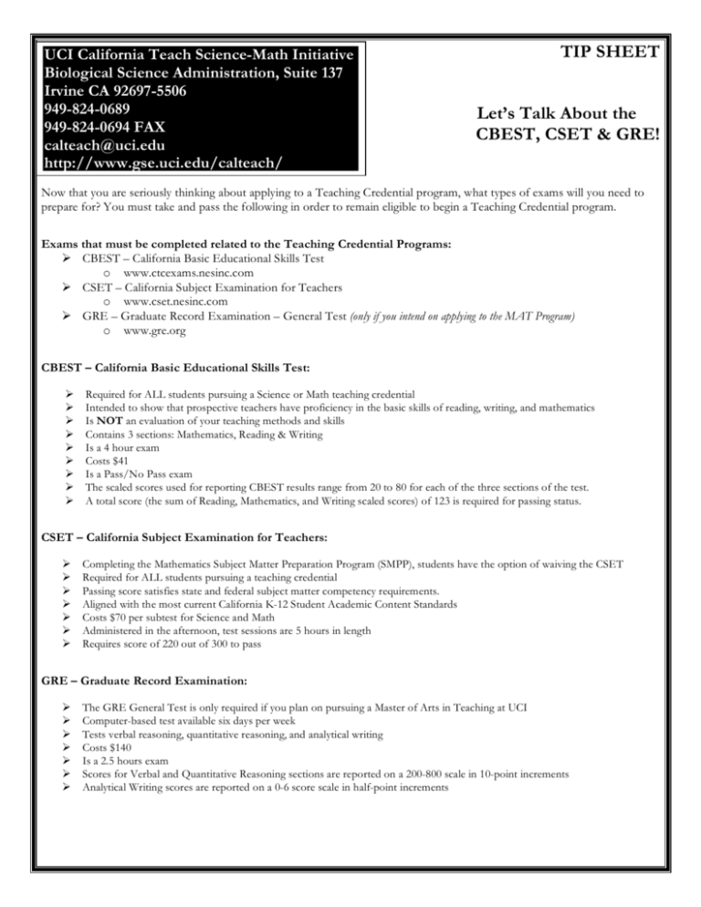 TIP SHEET Let s Talk About The CBEST CSET GRE TIP SHEET Let s Talk About The CBEST CSET GRE