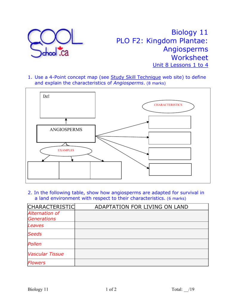 Biology 11 PLO F2 Kingdom Plantae Angiosperms Worksheet Biology 11 PLO F2 Kingdom Plantae Angiosperms Worksheet