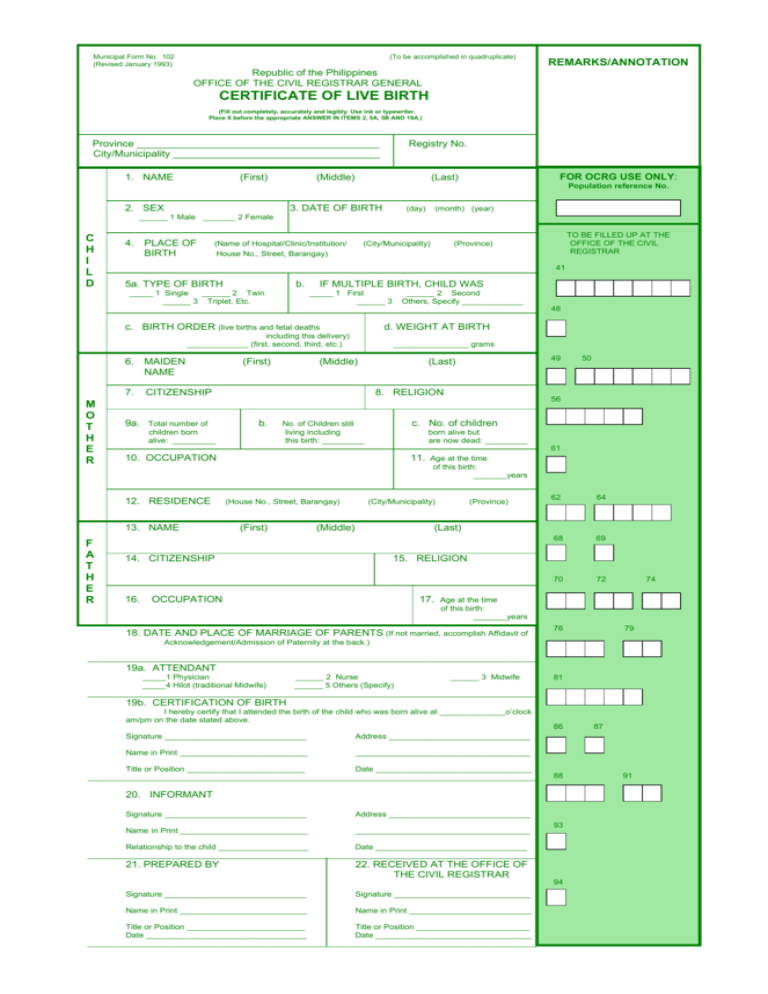 Certificate Of Live Birth Form Philippines Certificate Of Live Birth Form Philippines