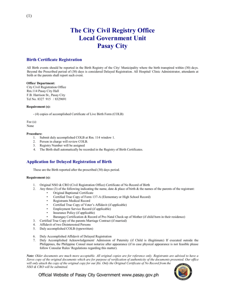 The City Civil Registry Office Local Government Unit Pasay City The City Civil Registry Office Local Government Unit Pasay City