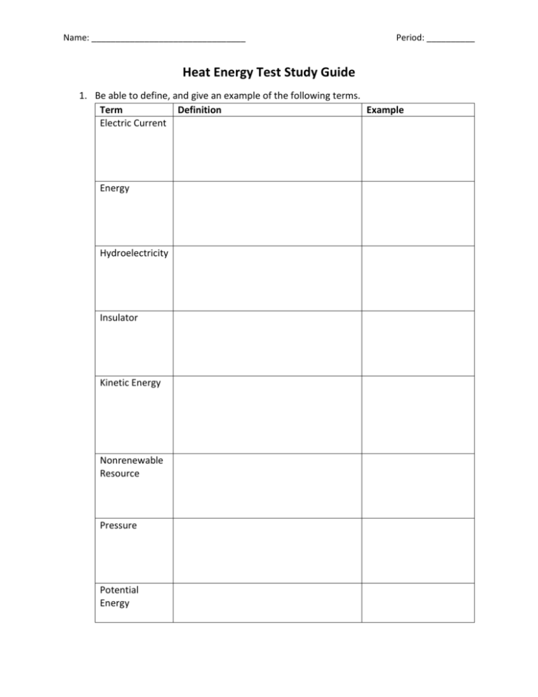 Heat Energy Test Study Guide Heat Energy Test Study Guide