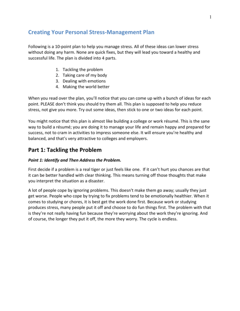 Creating Your Personal Stress Management Plan Creating Your Personal Stress Management Plan