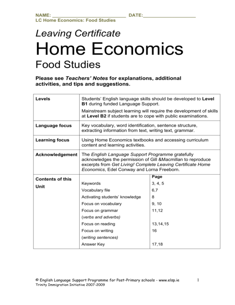 Home Economics Topic Food Studies