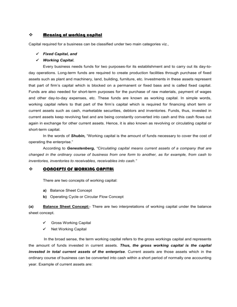 Meaning Of Working Capital CONCEPTS OF WORKING CAPITAL