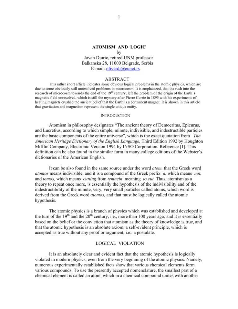 ATOMISM AND LOGIC Unification Of Gravitation And