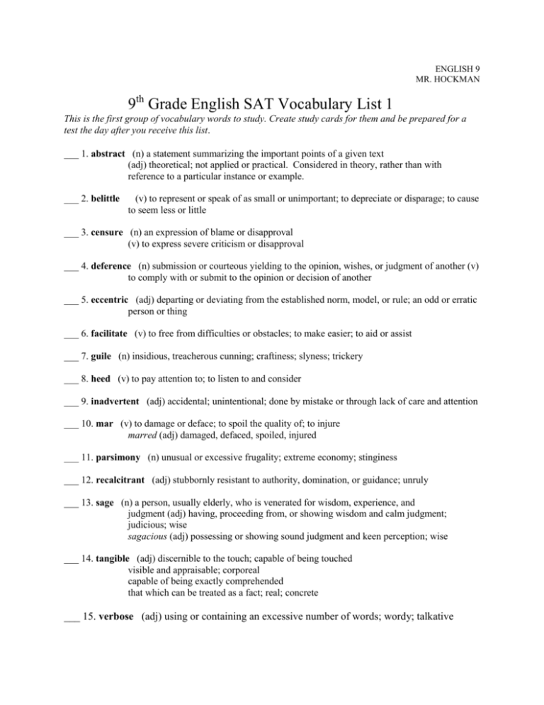 9th Grade Honors English SAT Vocabulary List 1 9th Grade Honors English SAT Vocabulary List 1