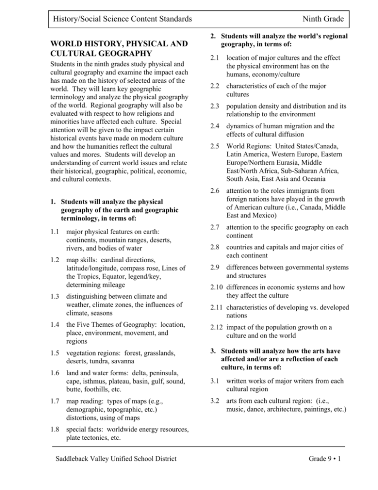 History Social Science Content Standards Ninth Grade WORLD
