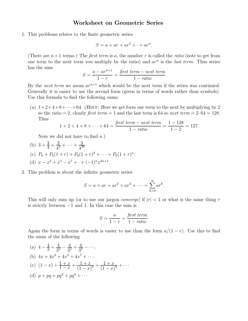 Worksheet On Geometric Series Worksheet On Geometric Series