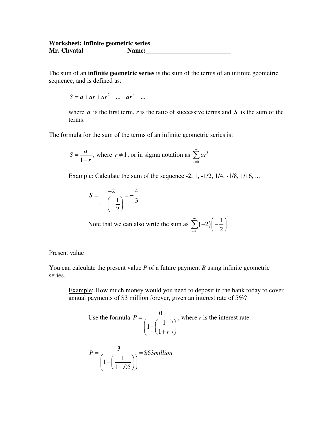 Worksheet Infinite Geometric Series